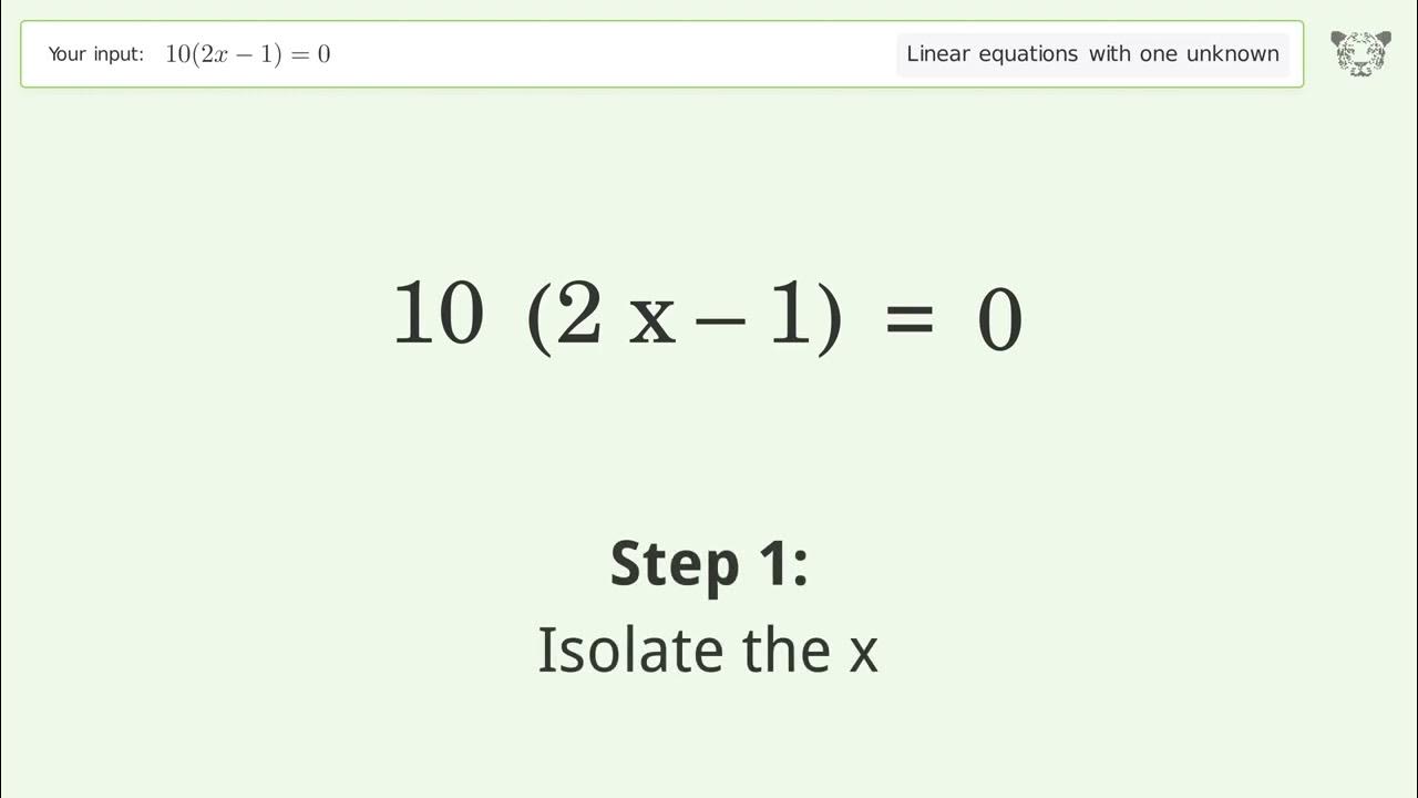 Linear equation with one unknown: Solve 10(2x-1)=0 step-by-step solution - YouTube