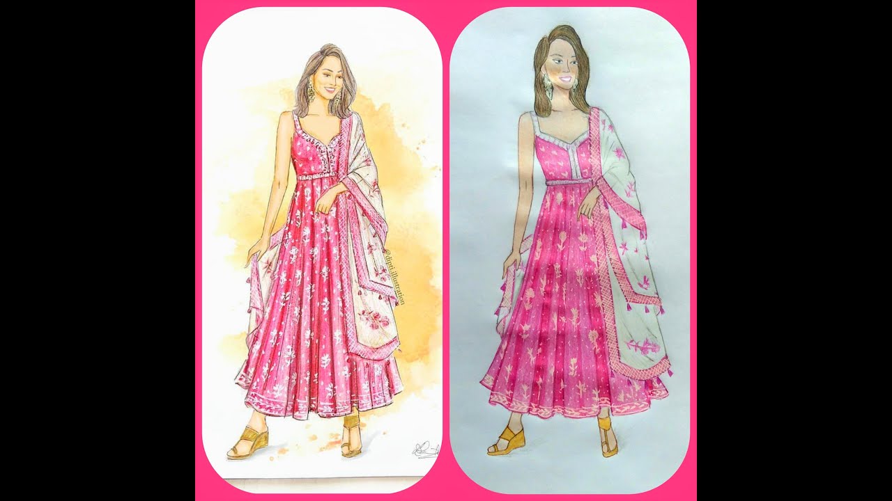 Drawing a Pink Anarkali suit | Dress #25 | #MyArtLab - YouTube