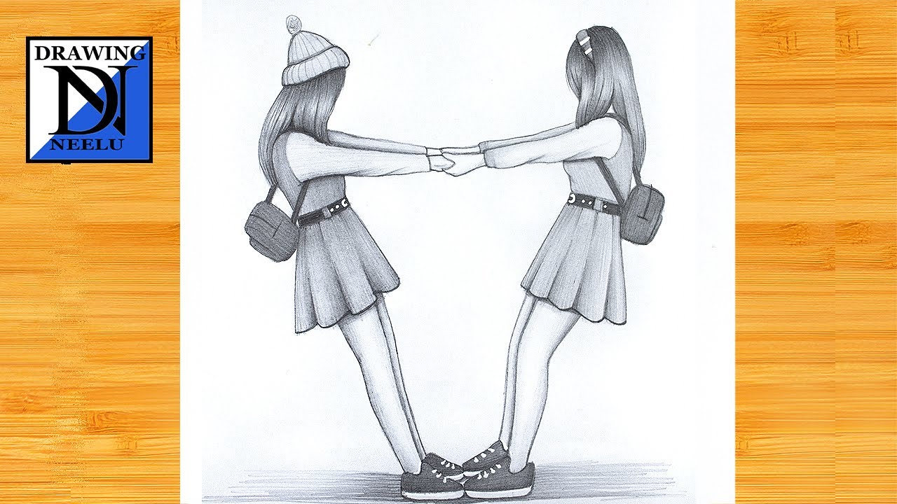How to draw a School Girls friendship || Girl best friends drawing ...