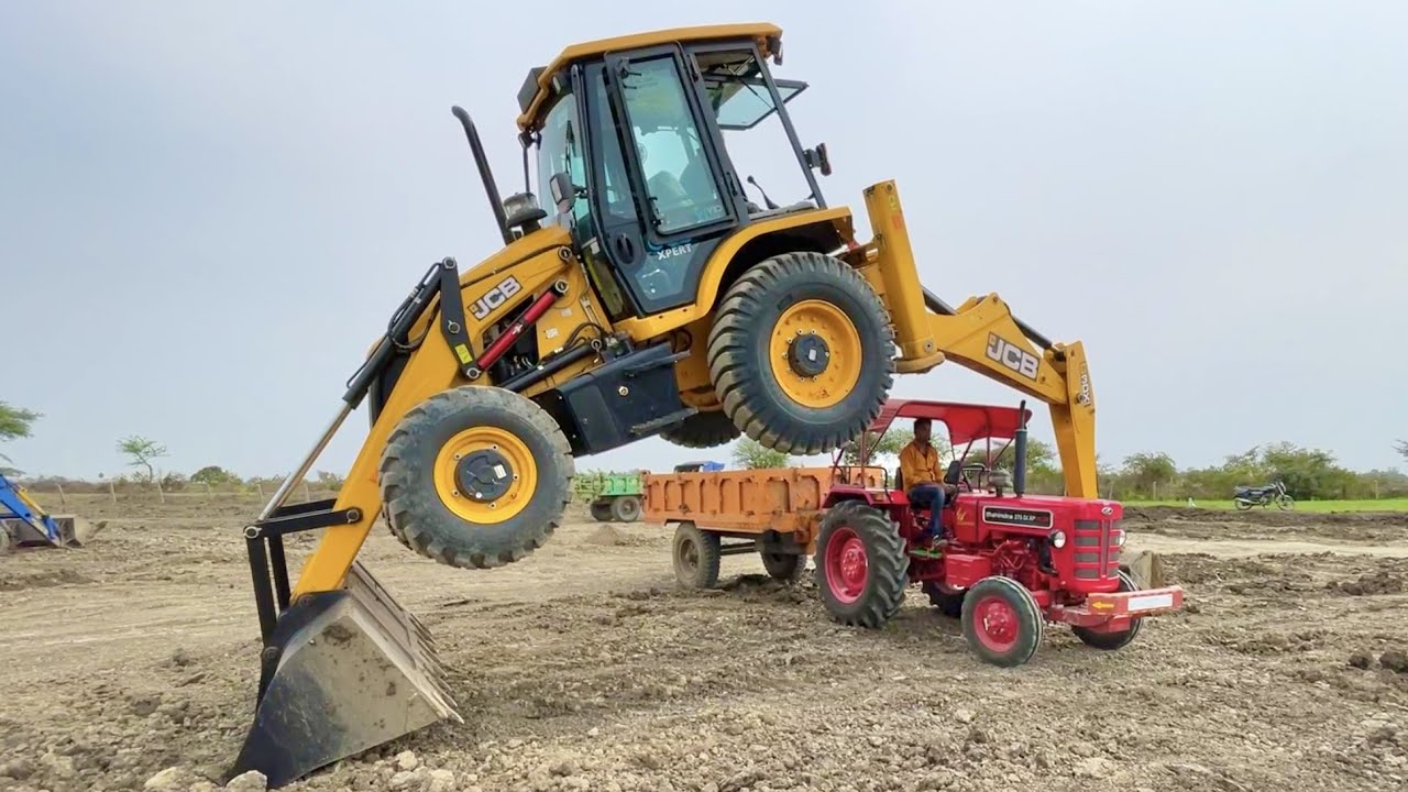2 JCB 3dx 4wd Backhoe Machine working Together Mahindra 275 Eicher 242 ...