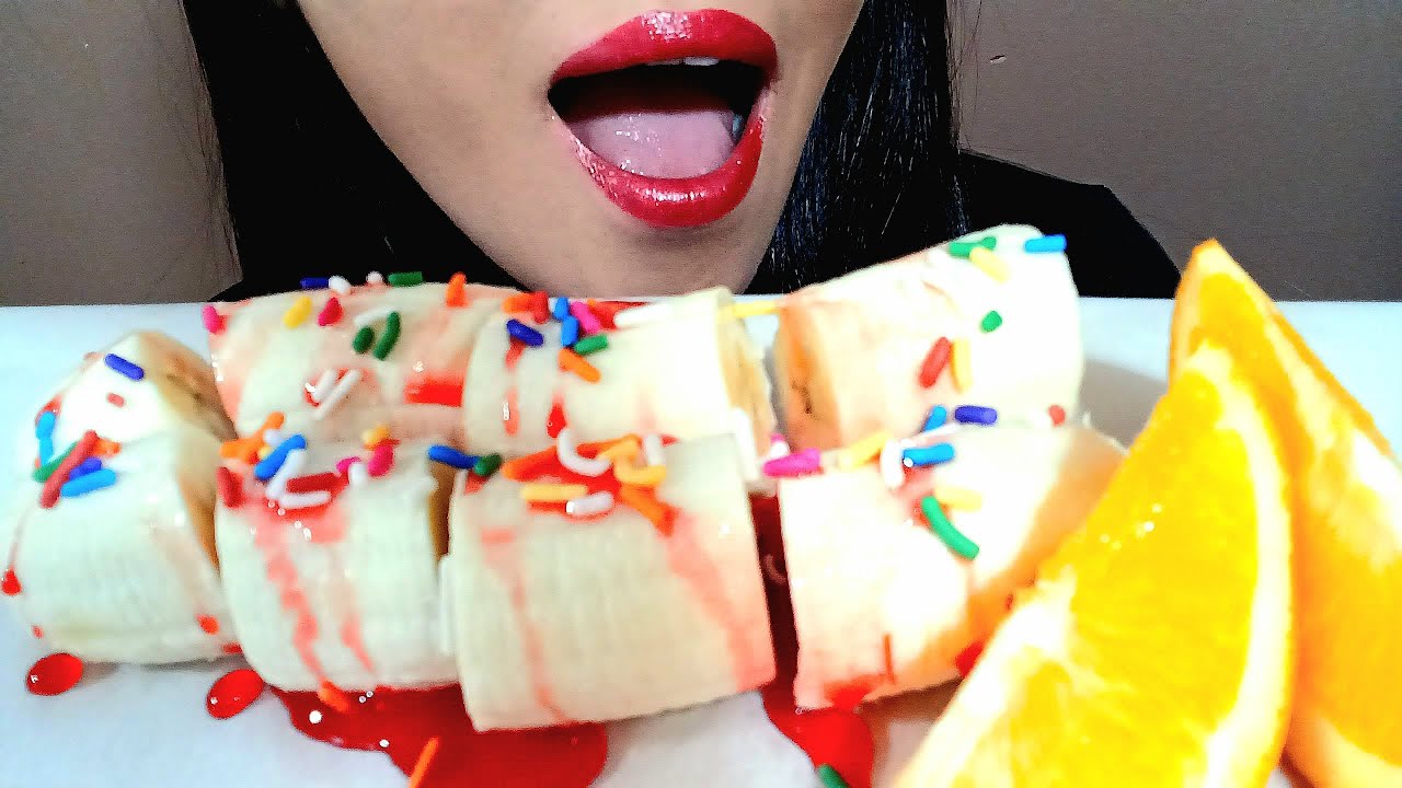ASMR BANANA WITH STRAWBERRY SYRUP SQUISHY EATING SOUND 바나나 딸기시럽 먹방 ...