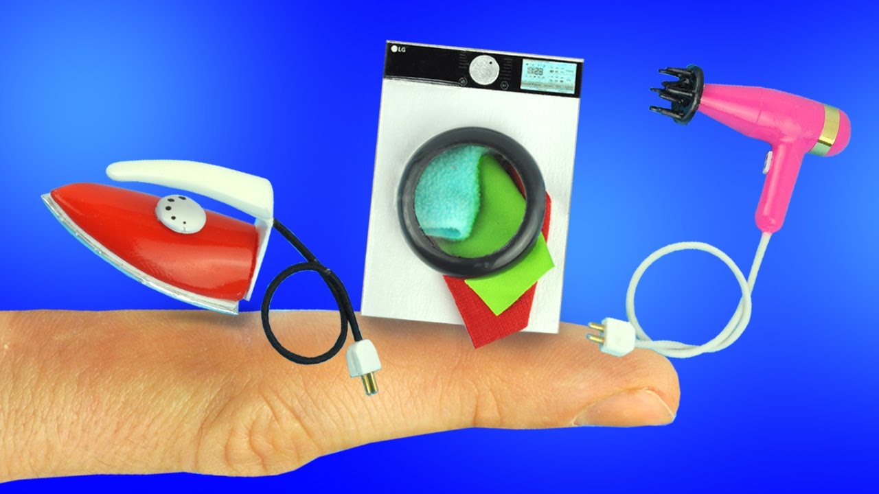 diy miniatures for dolls. Washing machine, iron and hair dryer - YouTube