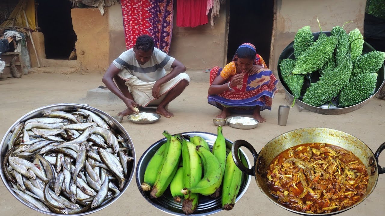 mourala FISH CURRY cooking with BANANA and BITTER GOURD fry by tribe ...