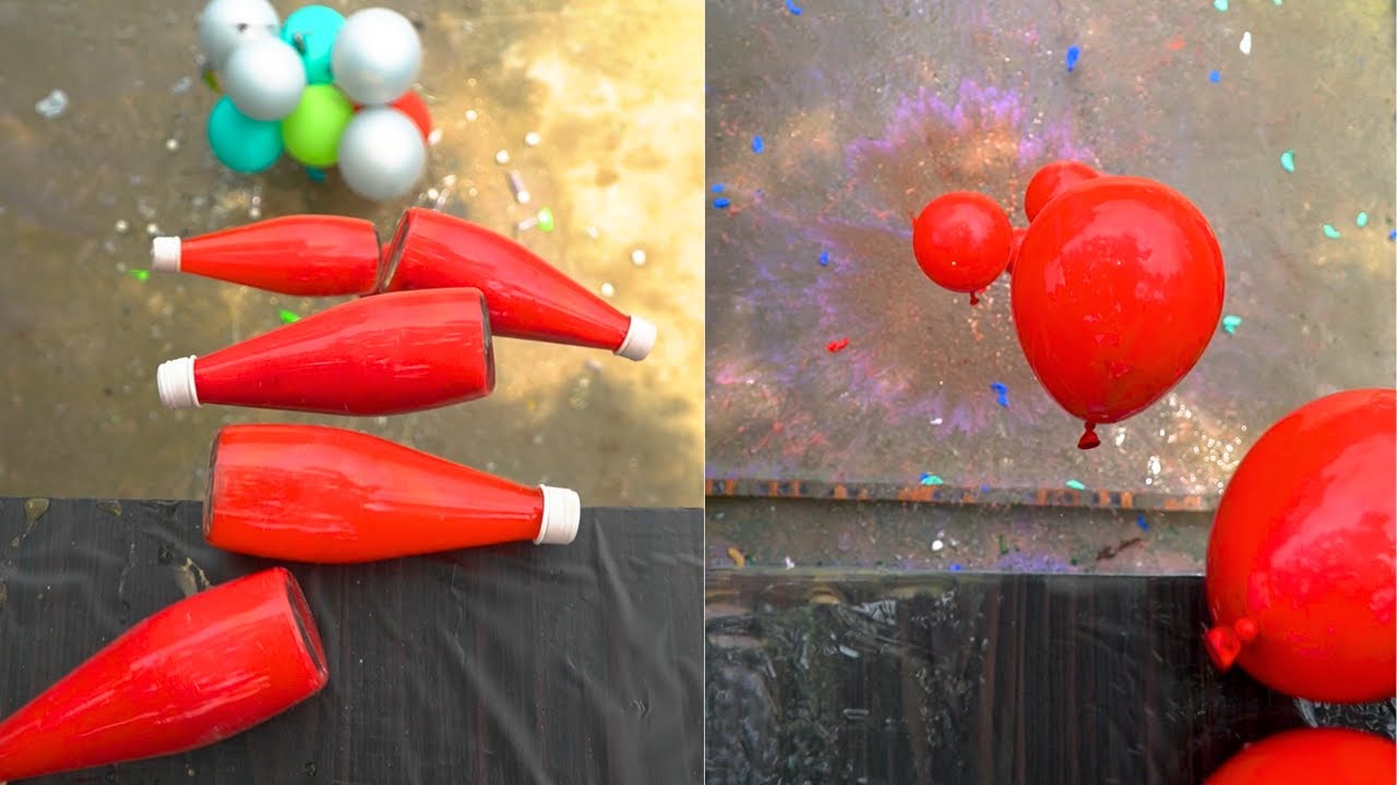 Dropping Water Balloons & Breaking Colorful Glass Bottles ASMR - YouTube