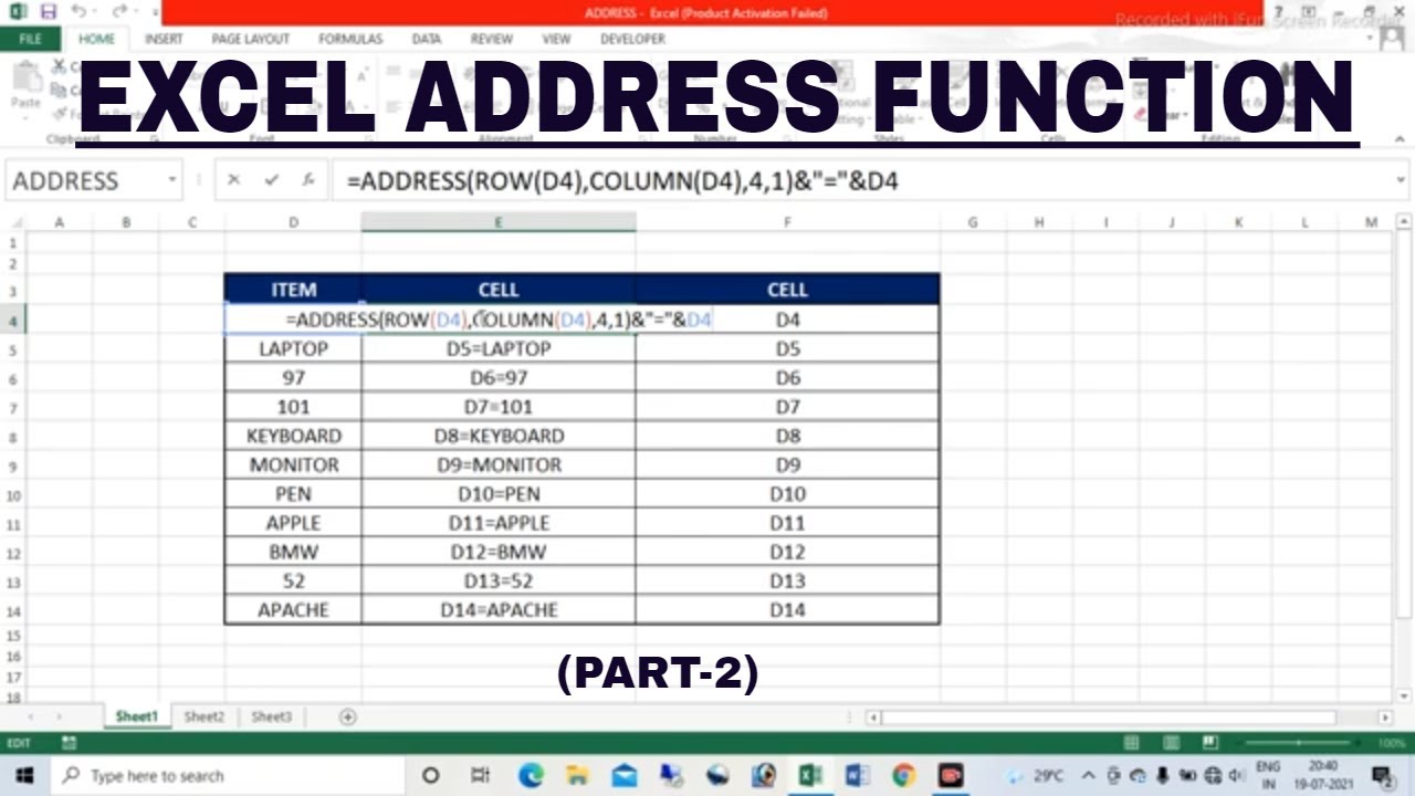 EXCEL ADDRESS FUNCTION PART 2 ADDRESS FUNCTION IN EXCEL HOW TO EXCEL ADDRESS FUNCTION PART 2 ADDRESS FUNCTION IN EXCEL HOW TO