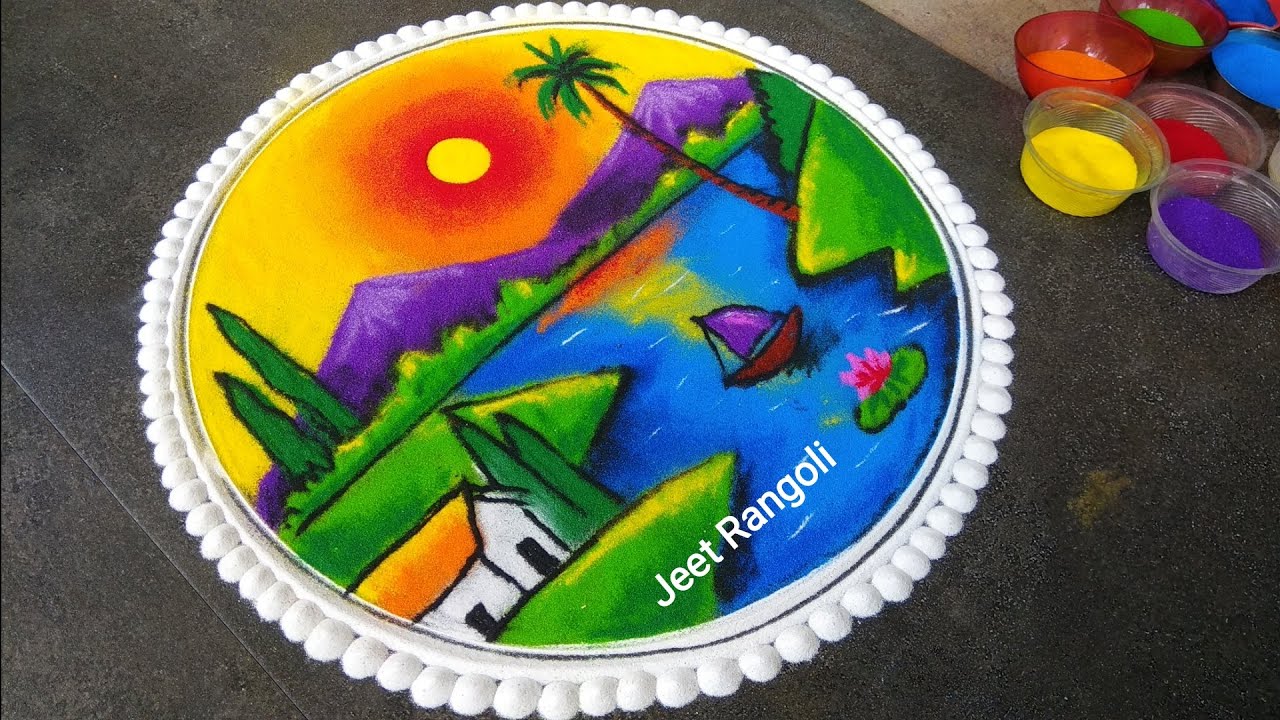 Easy and beautiful Scenery rangoli.सरल सुंदर पोस्टर रंगोली। - YouTube