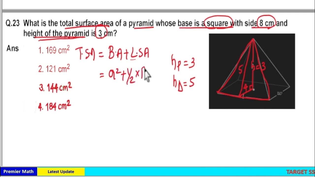 What is the total surface area of a pyramid, whose base is a square with side 8 cm and height of ...