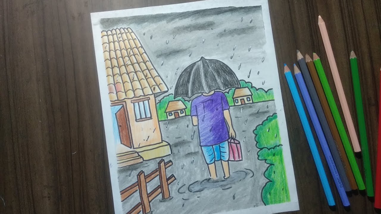 Rainy Season Drawing | Monsoon Painting | How To Draw Rainy Day - YouTube