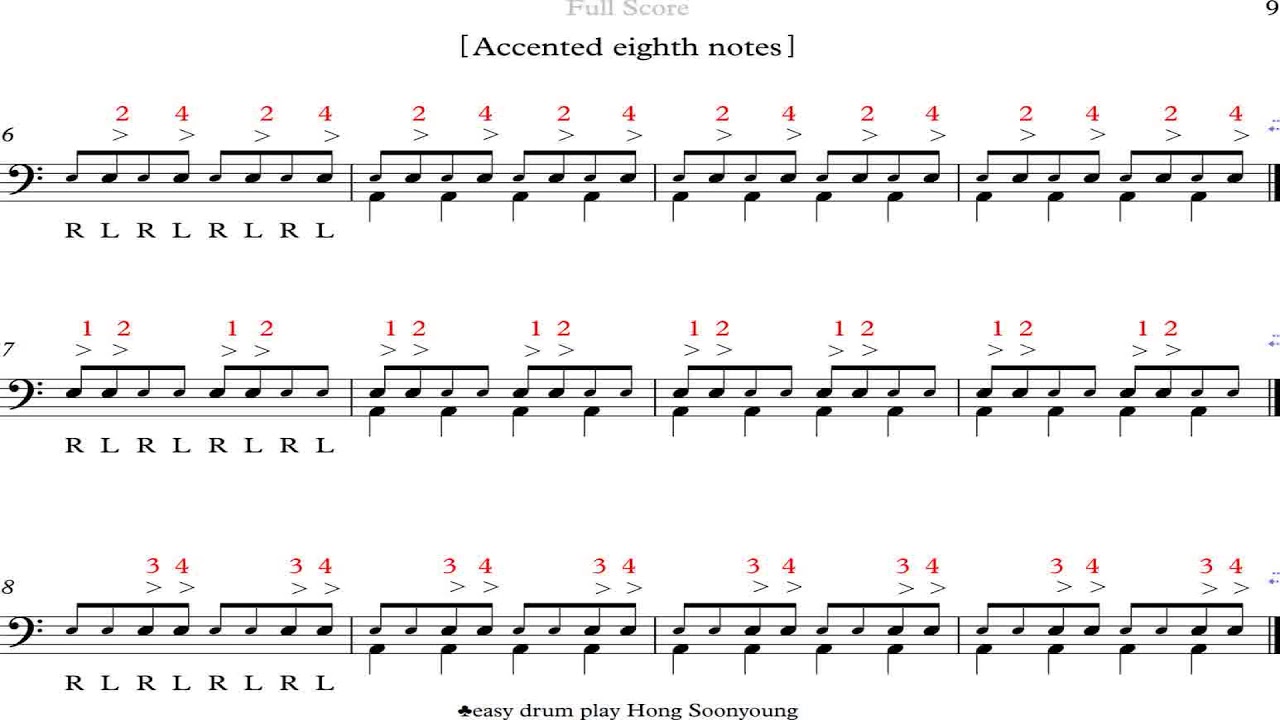 【홍드럼】악보 악센트 모든 경우의 수 (강약조절!) (All Accented eighth notes single Stroke ...