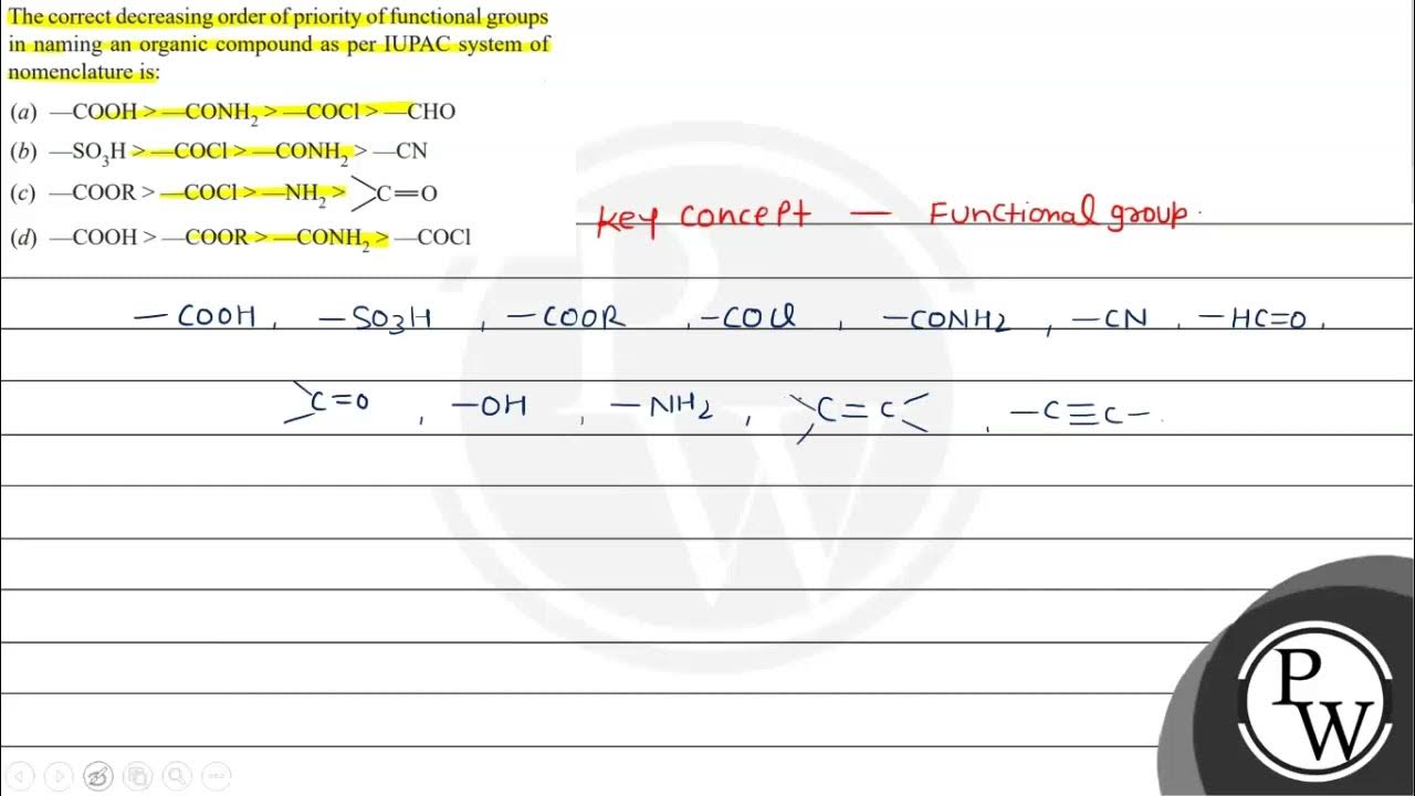 The correct decreasing order of priority of functional groups in naming an organic compound as p ...