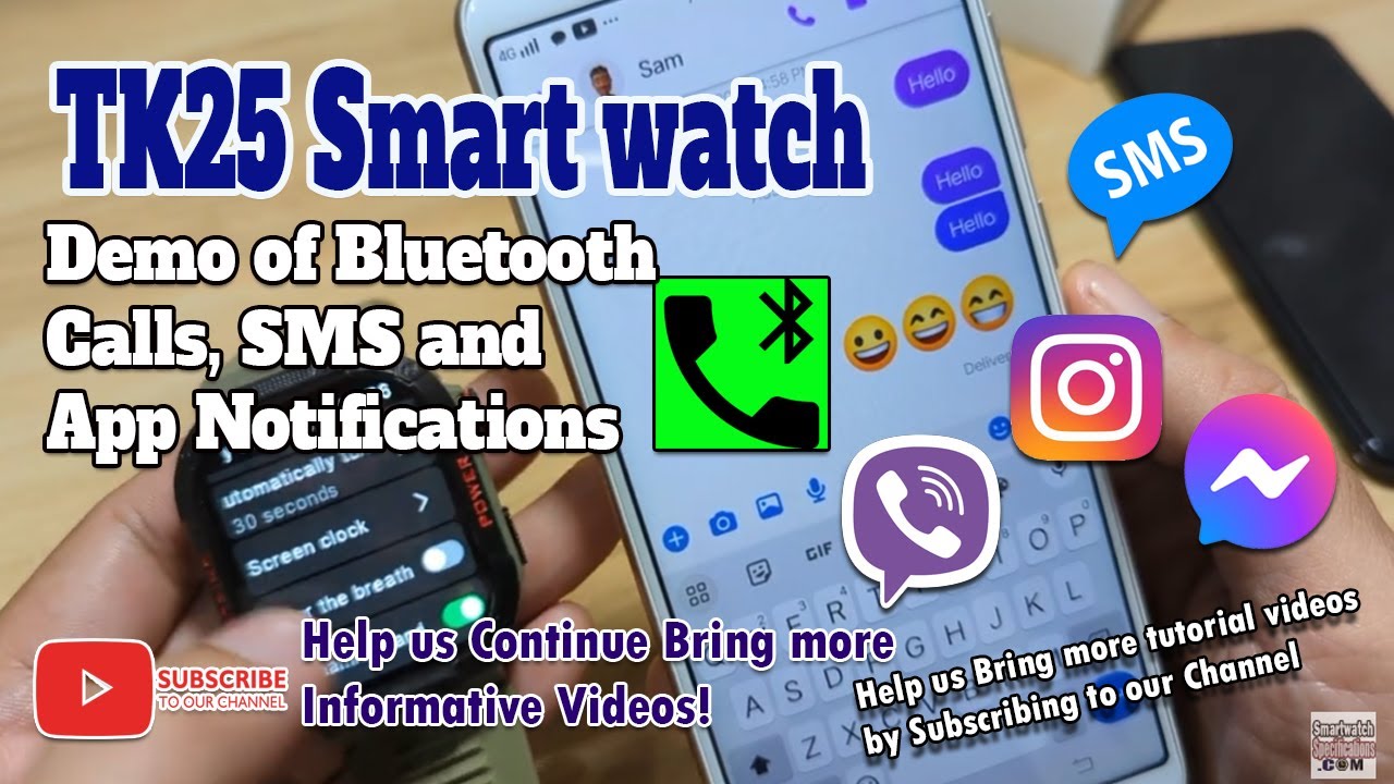 TK25 Smart watch - Demo of Bluetooth Calls, SMS and App Notifications ...
