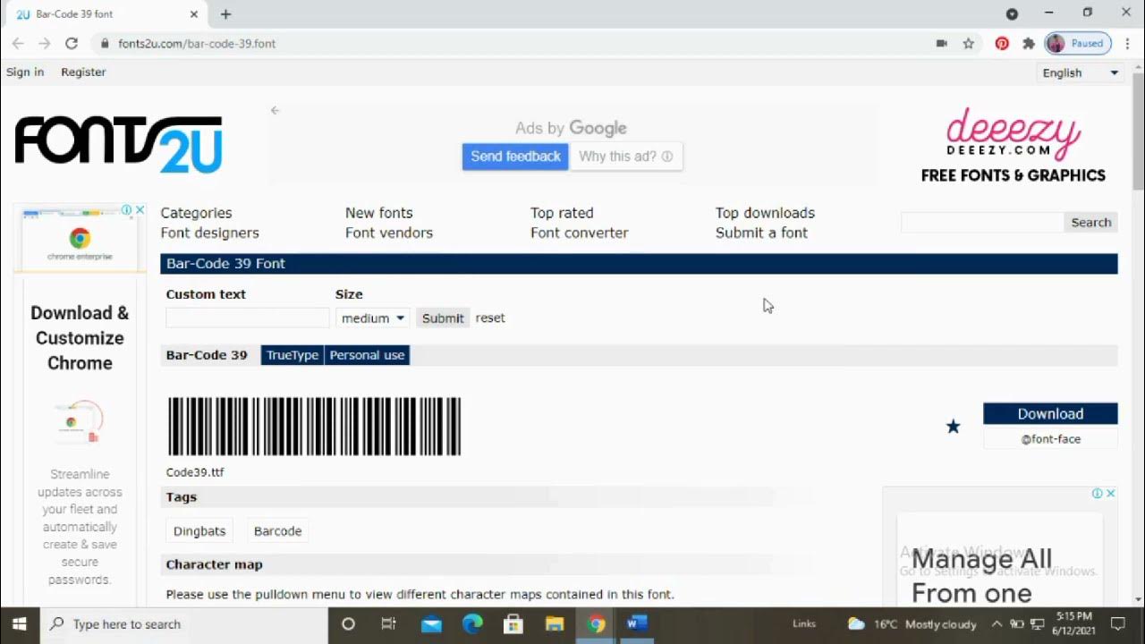 How to create Barcodes in Microsoft Word using Barcode font 39. - YouTube