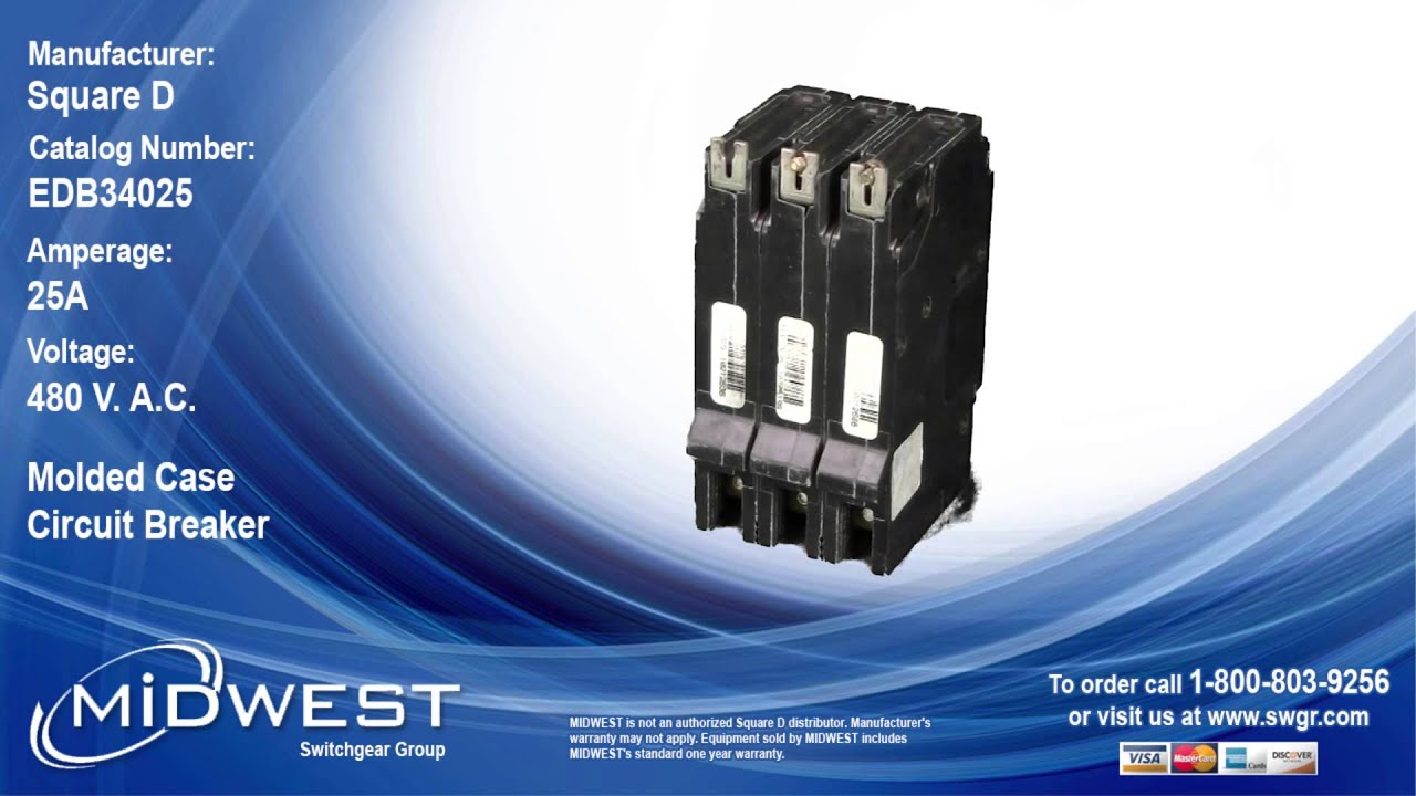 Square D EDB34025 Circuit Breaker - For Sale - YouTube