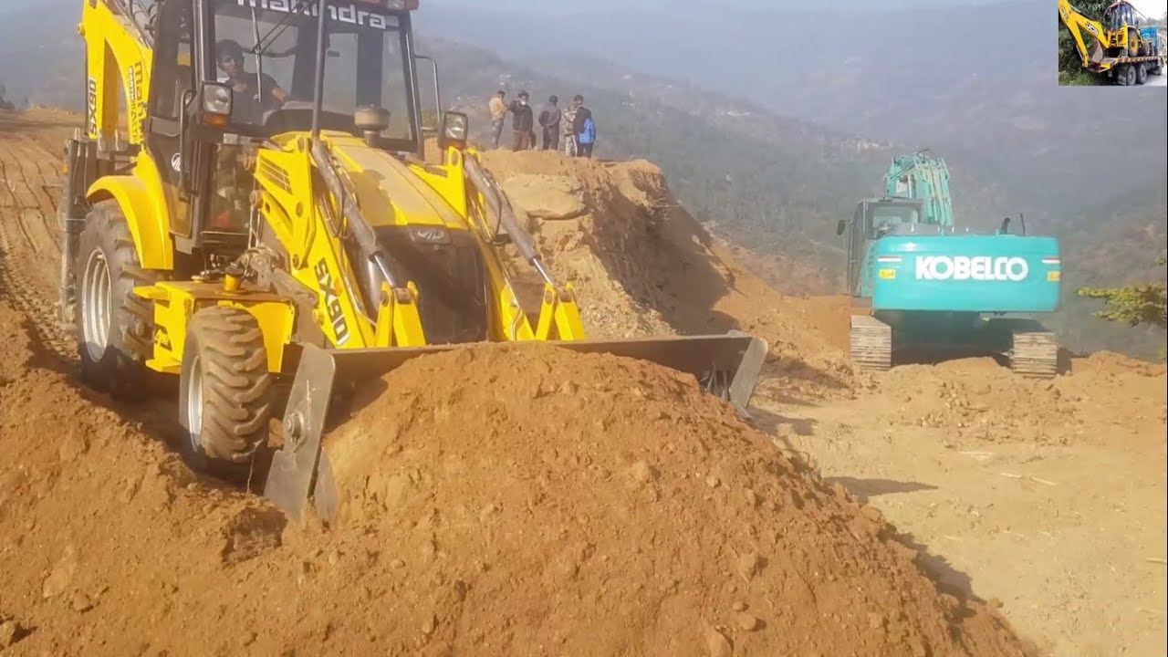 Excavator and Backhoe Loader-Cutting Hill and Leveling Hilly Road - YouTube