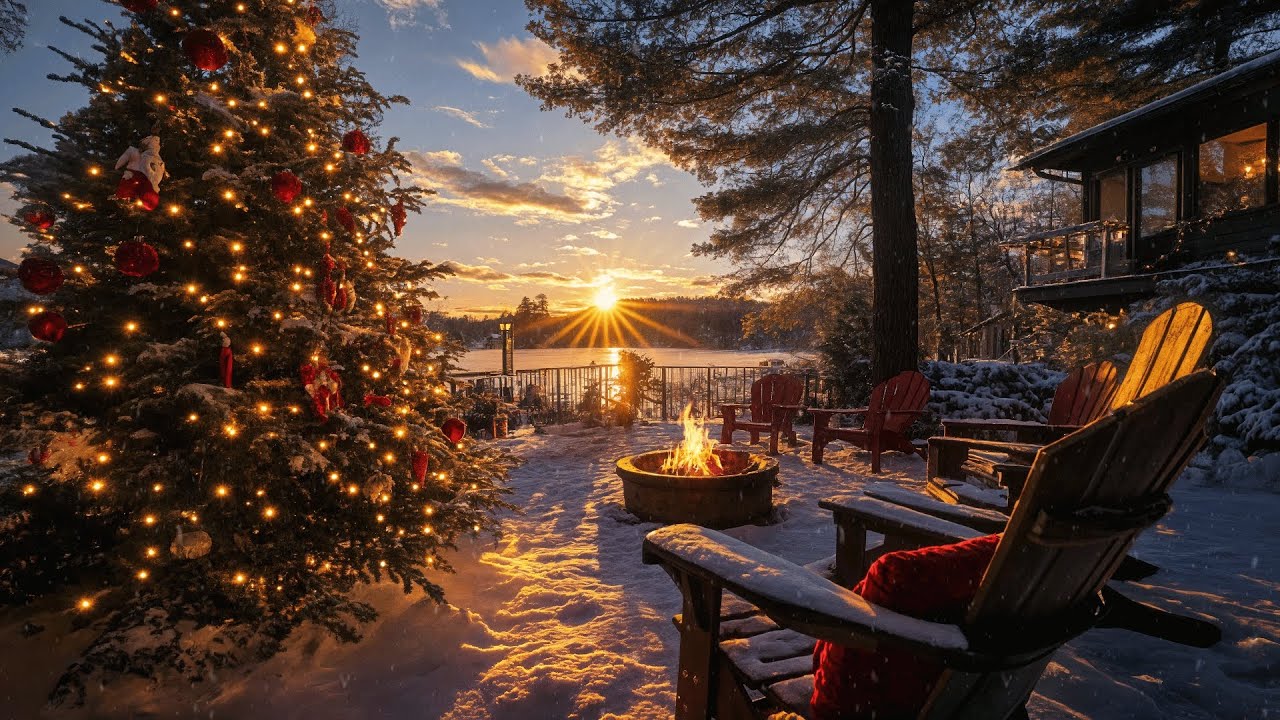 Magical Christmas Morning by the Lakeside | Crackling Fire, Nature ...