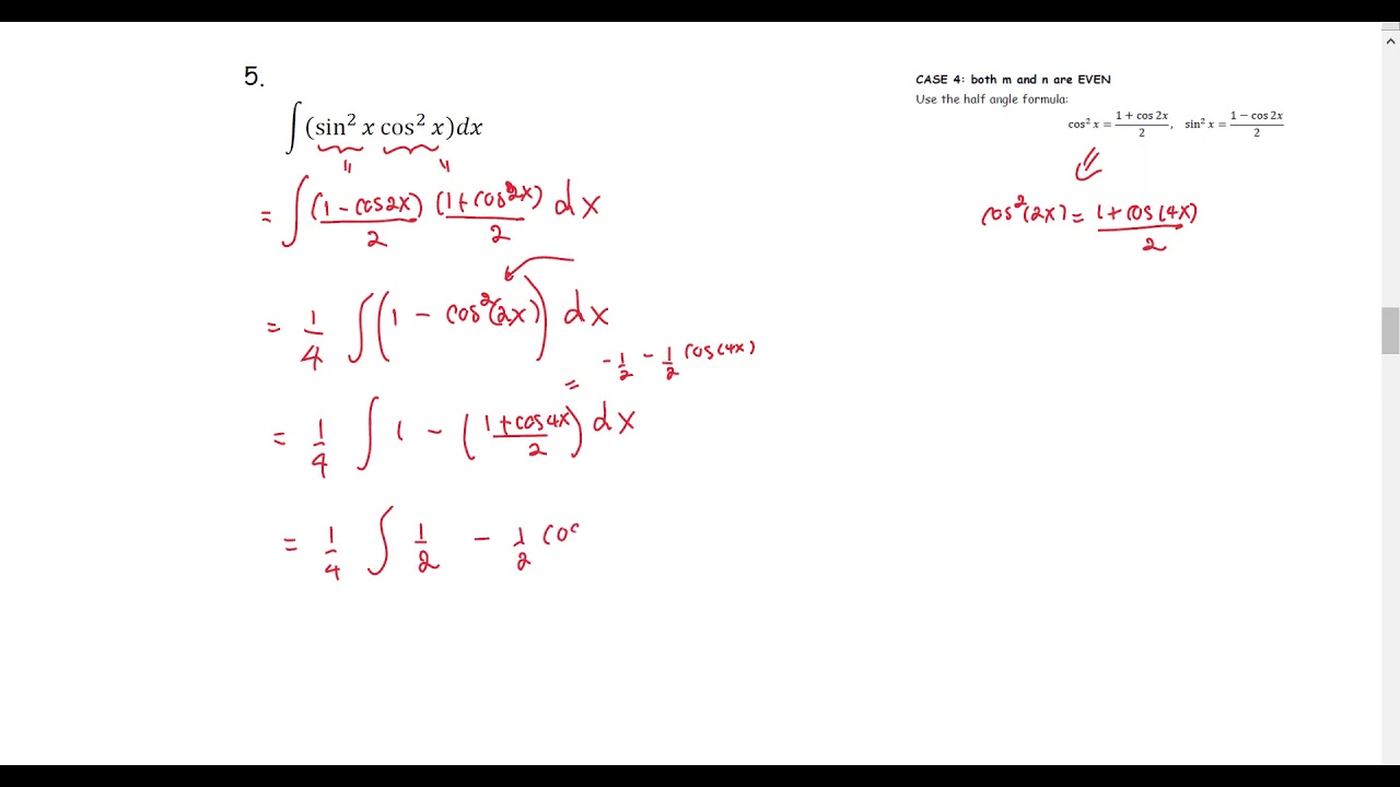 M204 Sec7_3 Trig Integrals - Sine & Cosine using Half Angle Formula 2 ...
