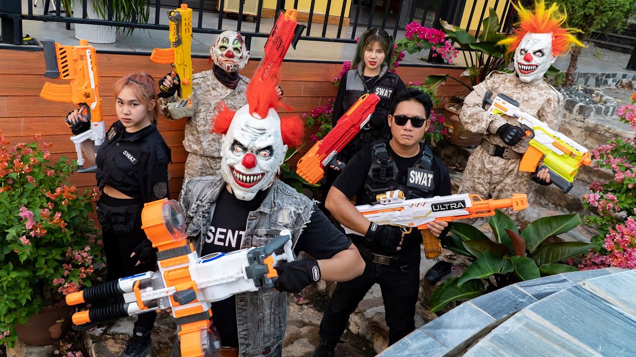 LTT Films : Silver Flash SEAL Nerf Guns Fight Clown Mask SWAT Team Raid ...