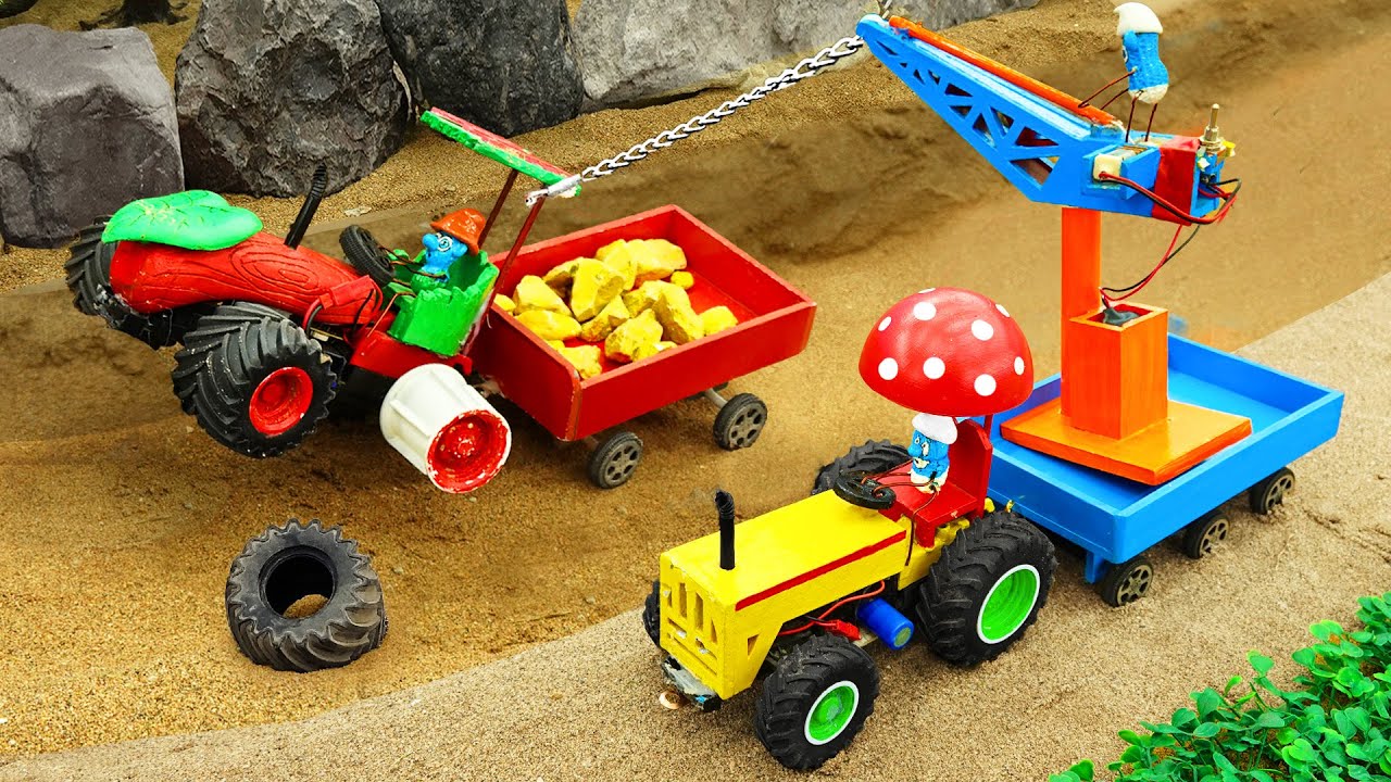 Diy mini tractor transporting crane tower | Rescues tractor stuck in ...