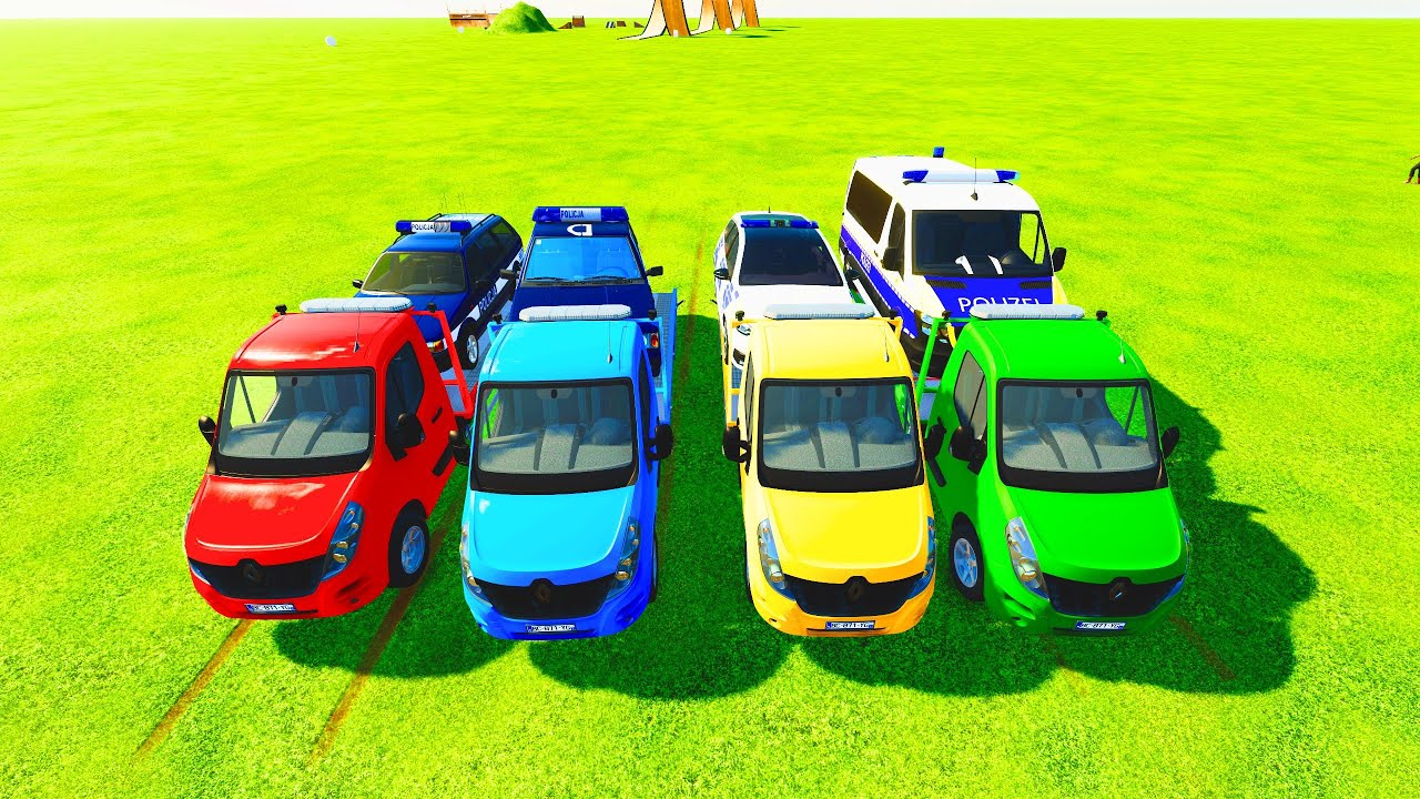 ALL POLICE CARS OF COLORS! TRANSPORTING POLICE CARS WITH COLORED ...
