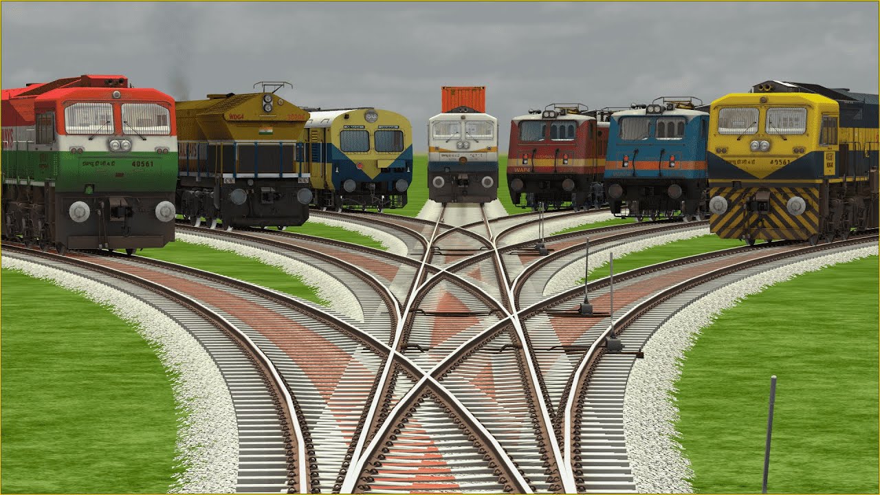 7 INDIAN TRAINS CROSSING ON BUMPY BANCHED FORKED RAILROAD TRACKS ...