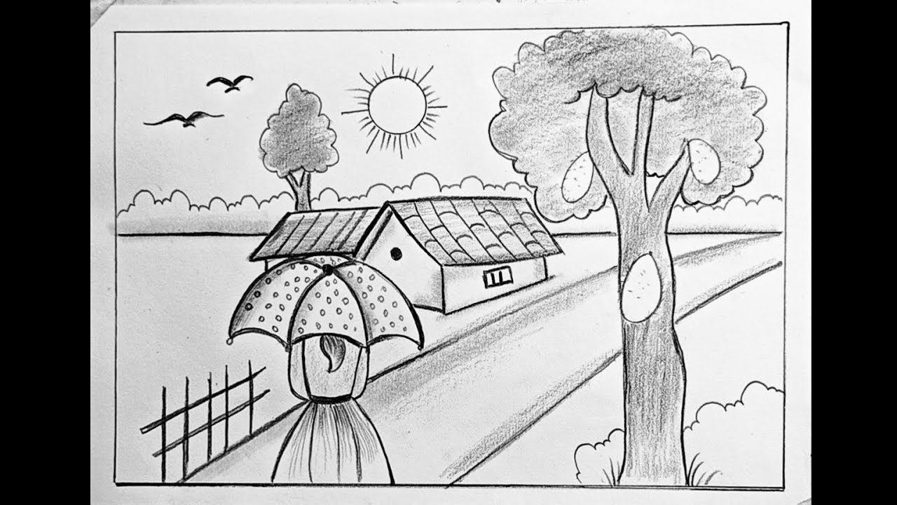 How to draw a very easy scenery drawing with pencil - YouTube