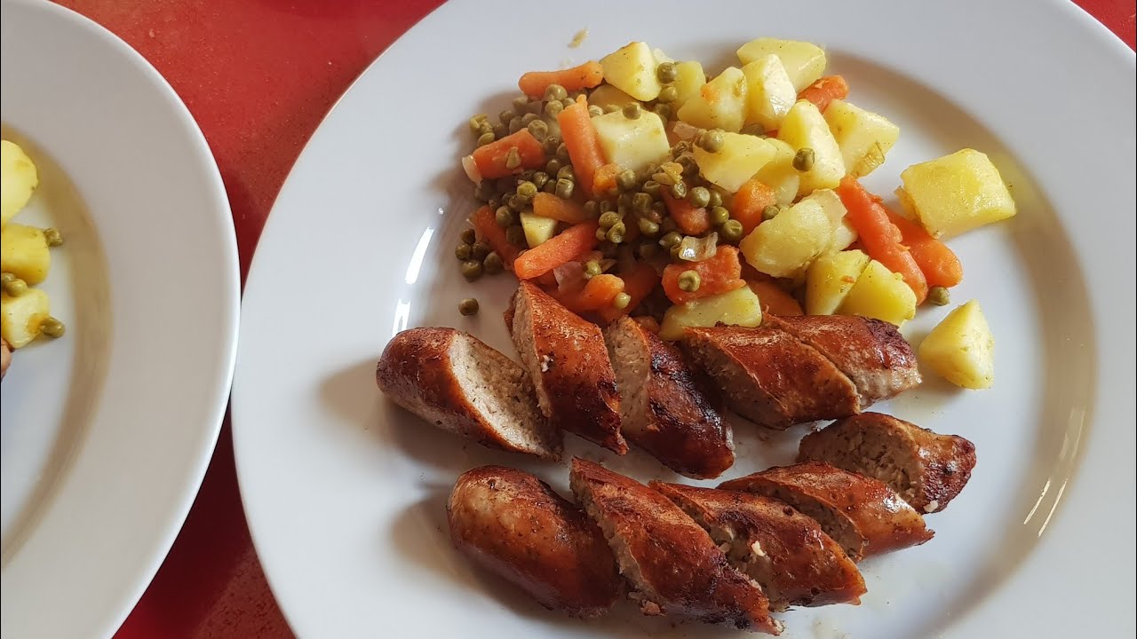 Belgian Food = Belgian sausage and vegetables for lunch - YouTube