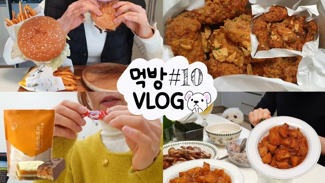 먹방 브이로그 이제 치킨 뜯을 때 됐지🍗 한식과 양식이 공존하는 먹방 브이로그 햄버거 간장치킨 호박인절미떡 젤리 초코바 감자