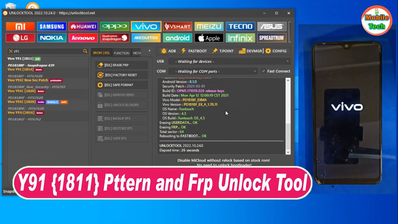 VIVO Y91 PATTERN AND FRP UNLOCK TOOL || VIVO 1811 PASSWORD FRP REMOVE ...