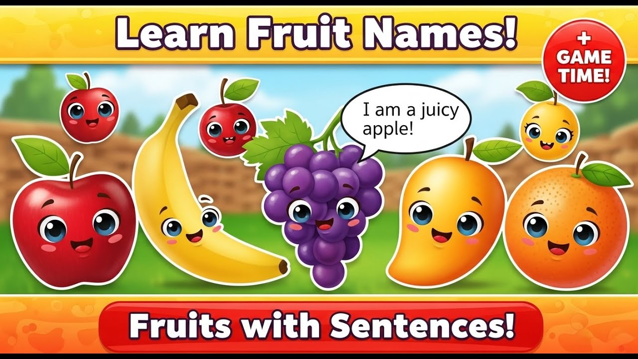 Fruit Names in English | Learn Fruits with Sentences & Game | Preschool ...