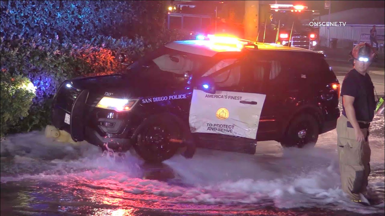 Police Car Hits Fire Hydrant After Crash | San Diego - YouTube