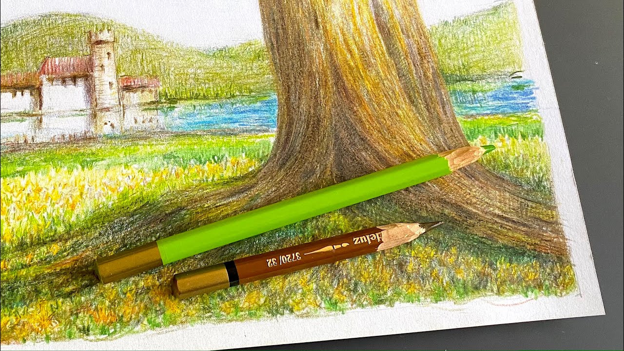 How to draw a river landscape with a tree and a castle - YouTube