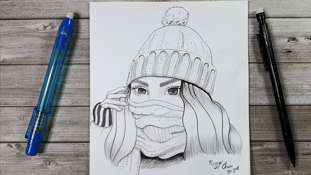 How to draw a girl wearing winter cap and scarf for beginners || Pencil ...