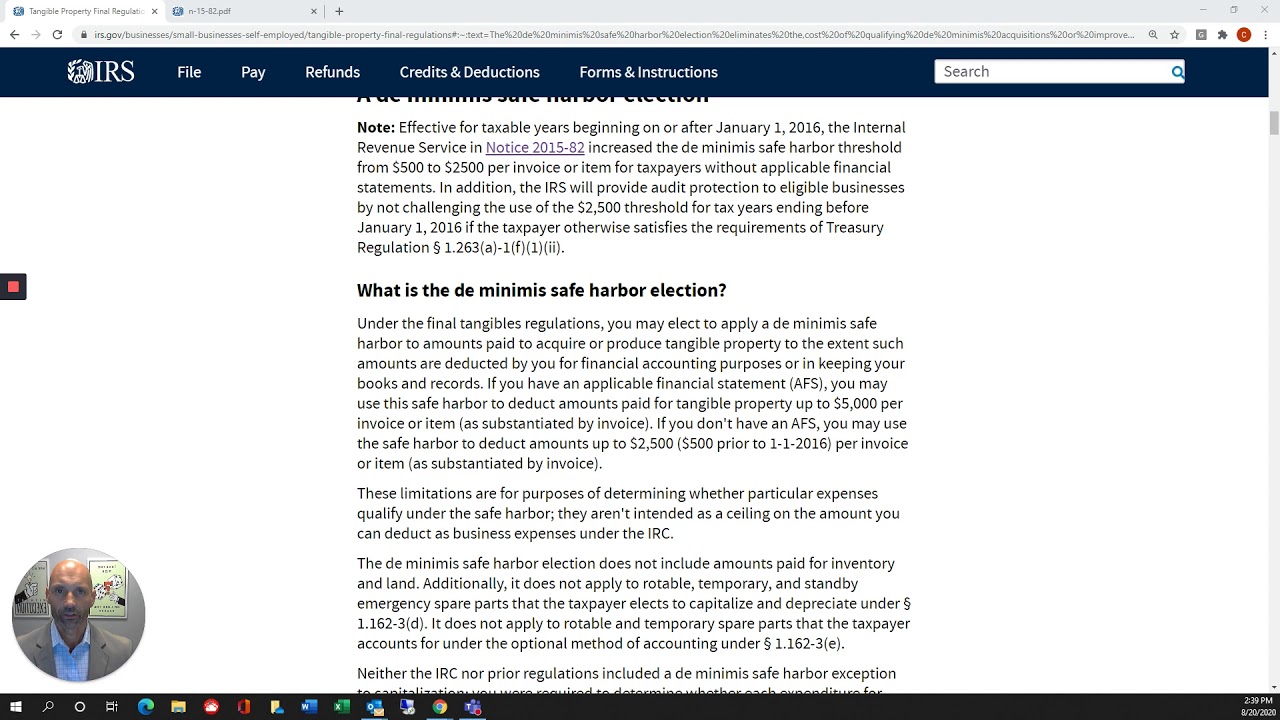 De minimus safe harbor election explanation - YouTube