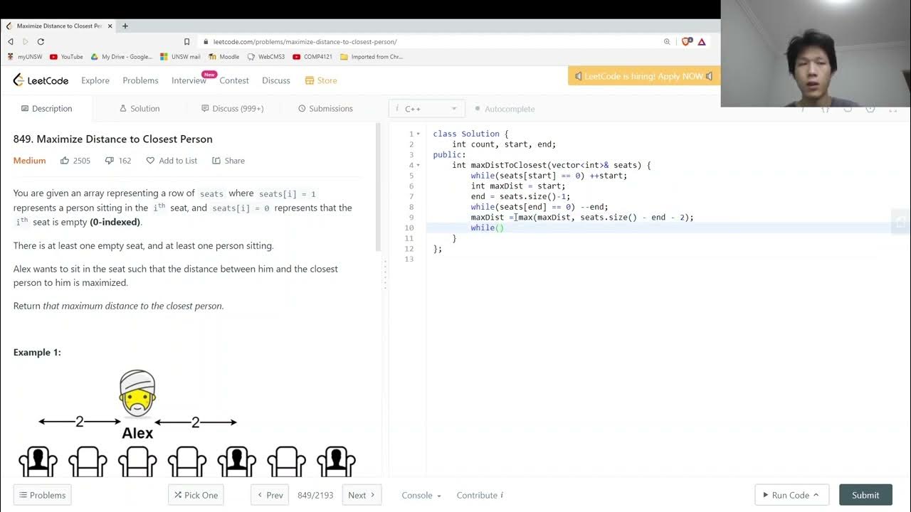 849. Maximize Distance to Closest Person (Day 89) - YouTube