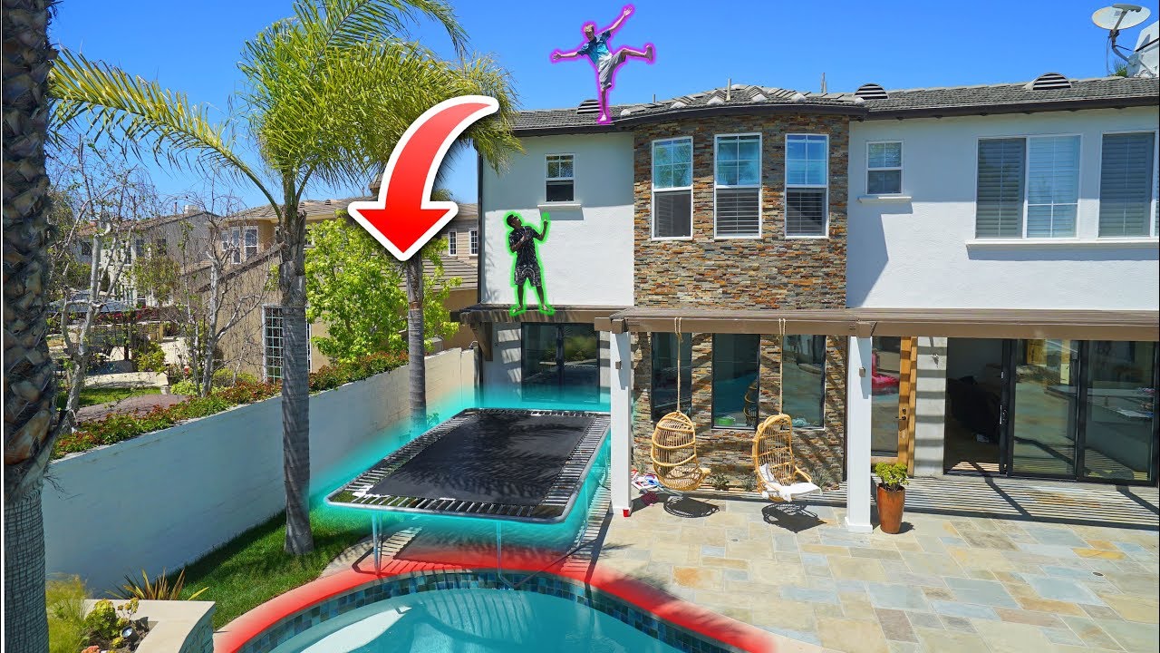 CRAZY TRAMPOLINE TRICKS INTO BACKYARD POOL! *SKETCHY* - YouTube