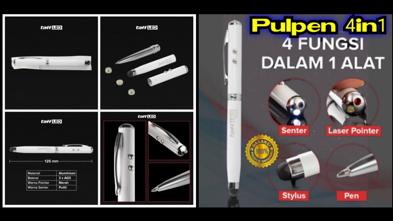 Pulpen 4 in 1 Senter Laser Pointer Pen dan Stylus - YouTube