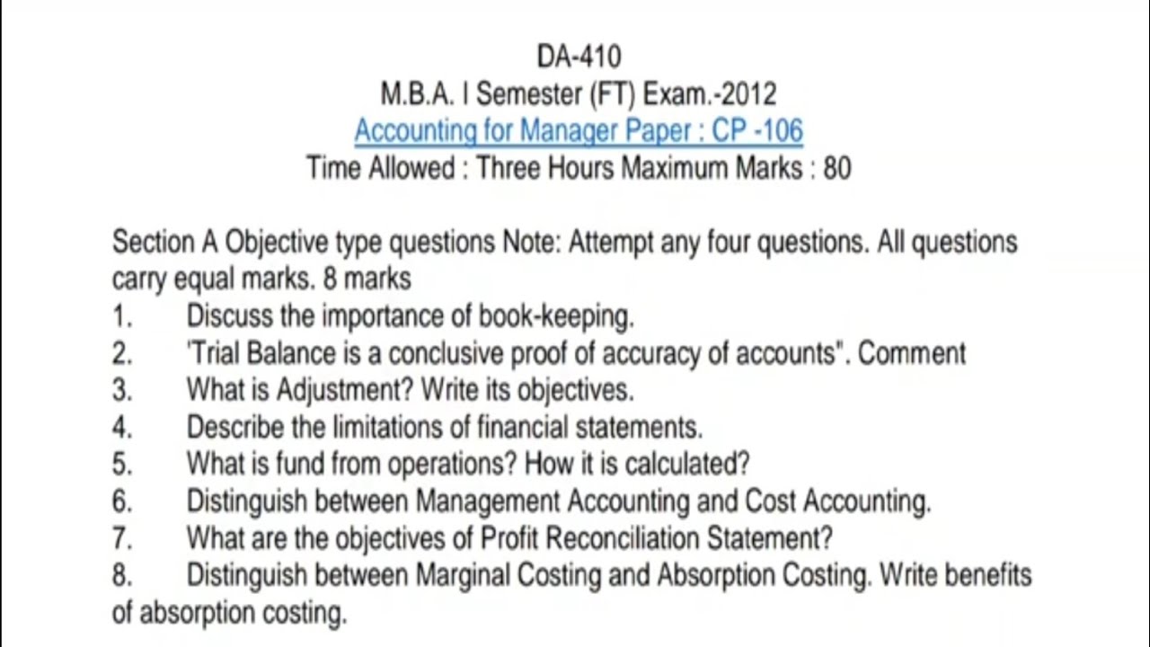 MBA | ACCOUNTING FOR MANAGERS | BU | QUESTION PAPER | 2012 | 1ST ...