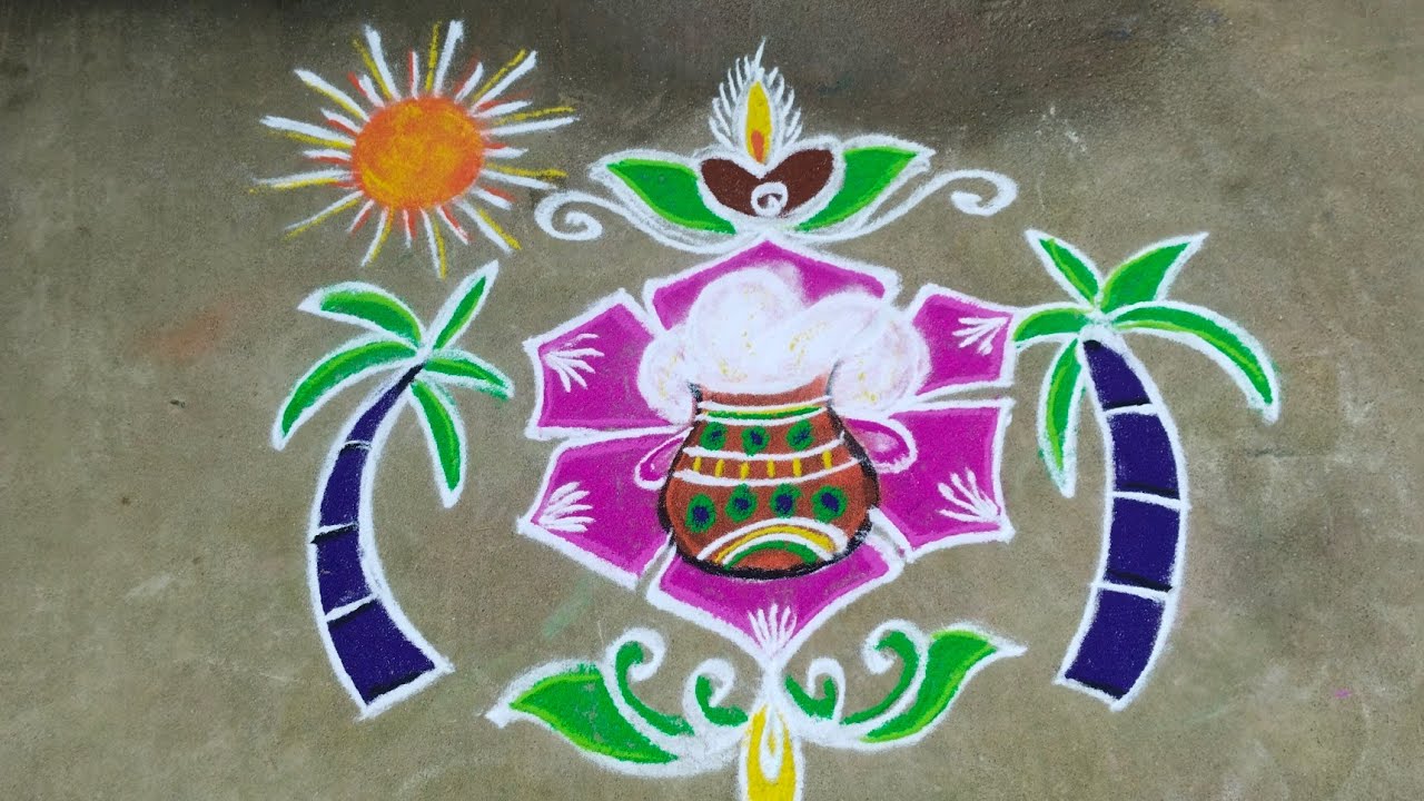 Simple & Easy Pot Rangoli Designs🌴 ||Pongal Special Sugarcane Rangoli ...