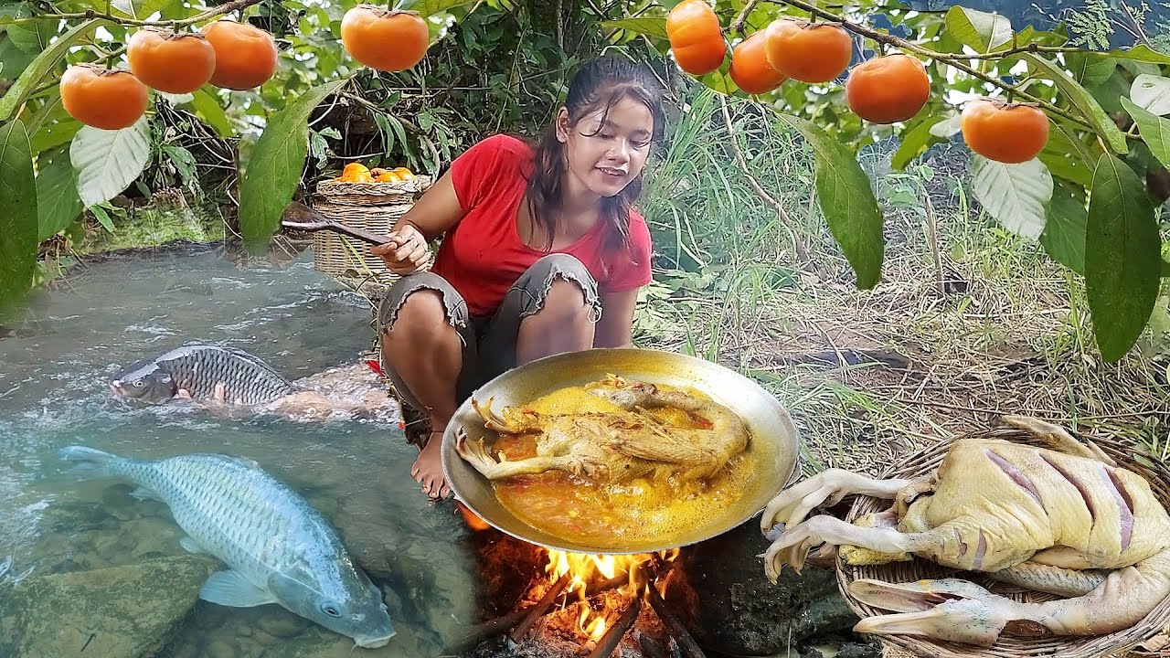 Catch big fish in river flow for food, Cooking fish for dinner, Duck ...