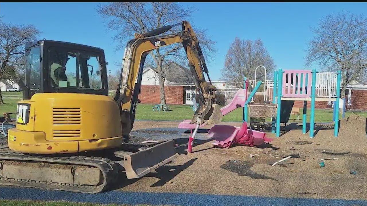 Local playground demolition will continue after heavy rain - YouTube