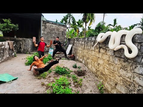 Das Mädchen stieß unerwartet auf eine riesige weiße Schlange.