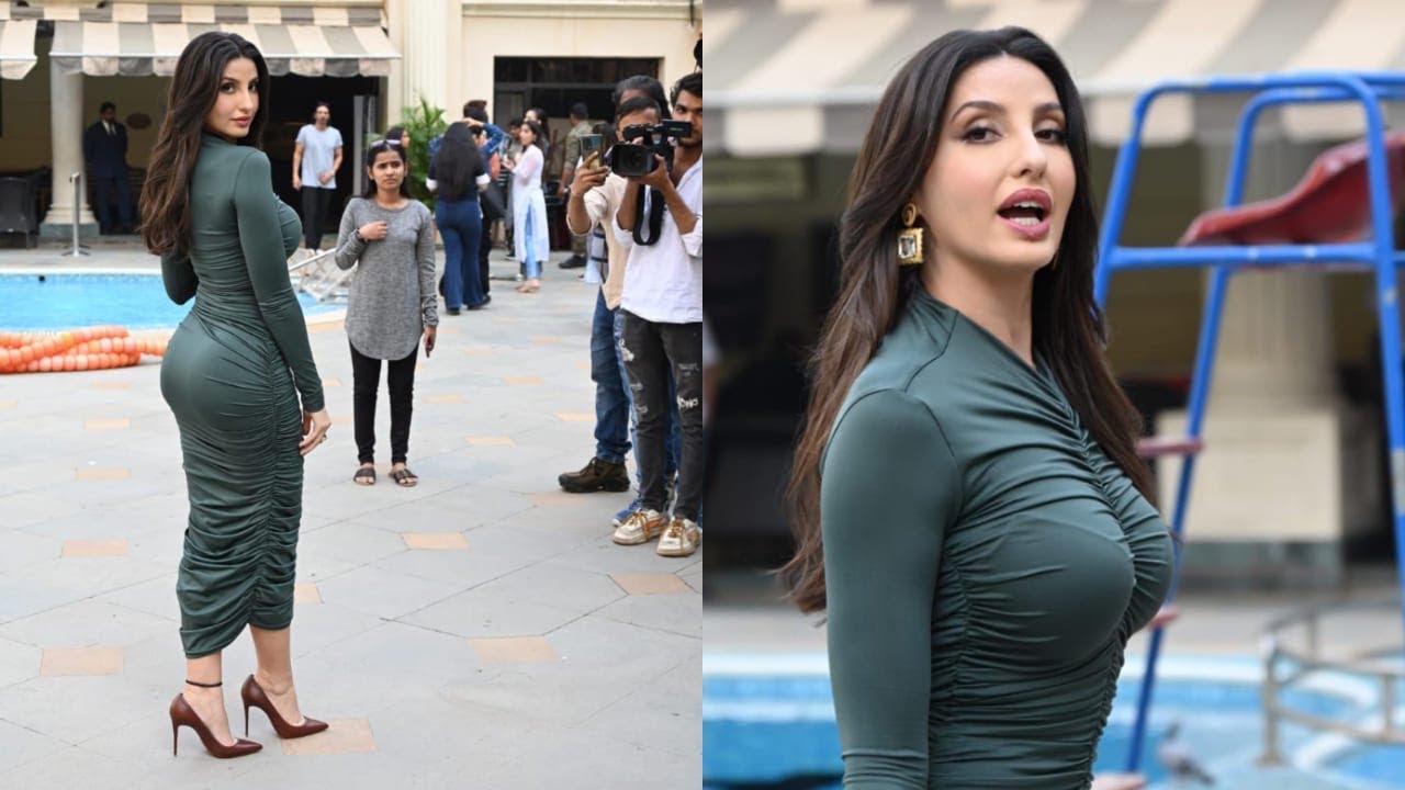 Nora Fatehi flaunts her curves in body hugging dark green midi dress ...