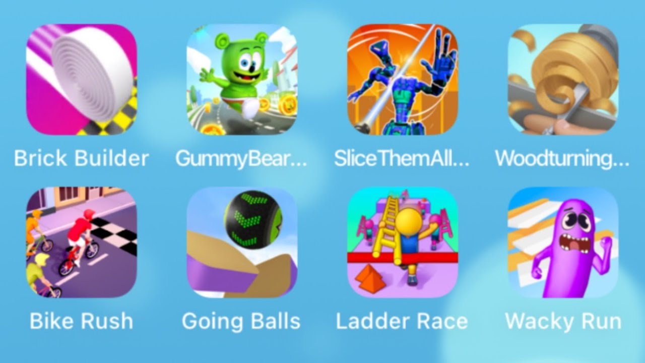 Brick Builder,Gummy Bear Runner,Slice them All 3D,Woodturning 3D,Bike ...