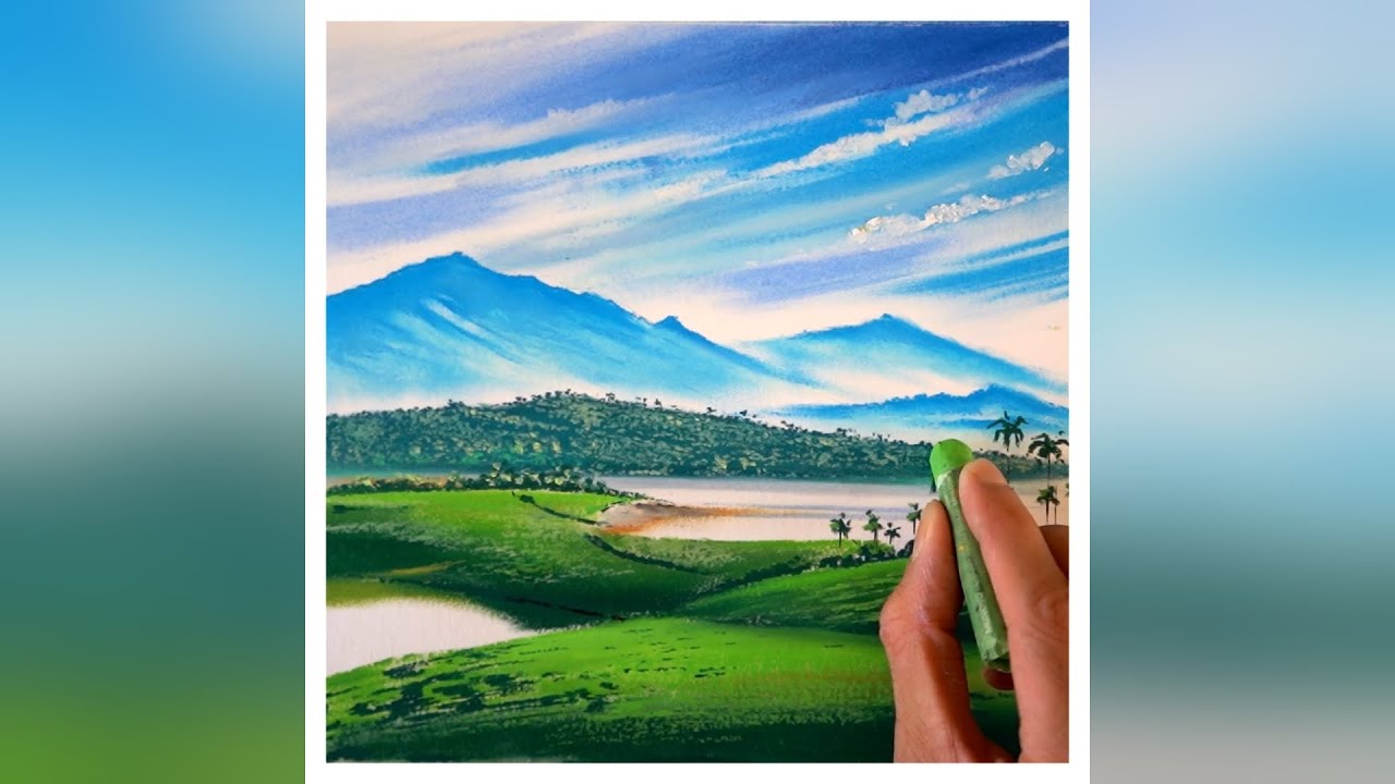How to draw a beautiful mountain landscape with grass land - full ...