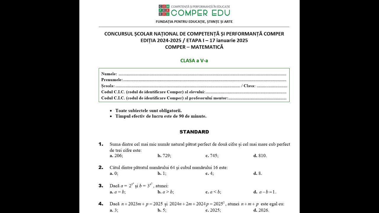 Concurs COMPER clasa a V-a etapa ianuarie 2025 - Ex. 1-10 - YouTube