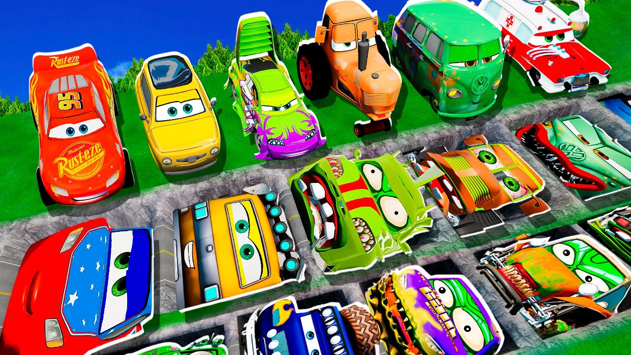 Mega pits with McQueen and Pixar Cars Vs Big & Small Lightning McQueen ...