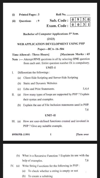 2023 BCA 5th sem web application development php question paper # ...