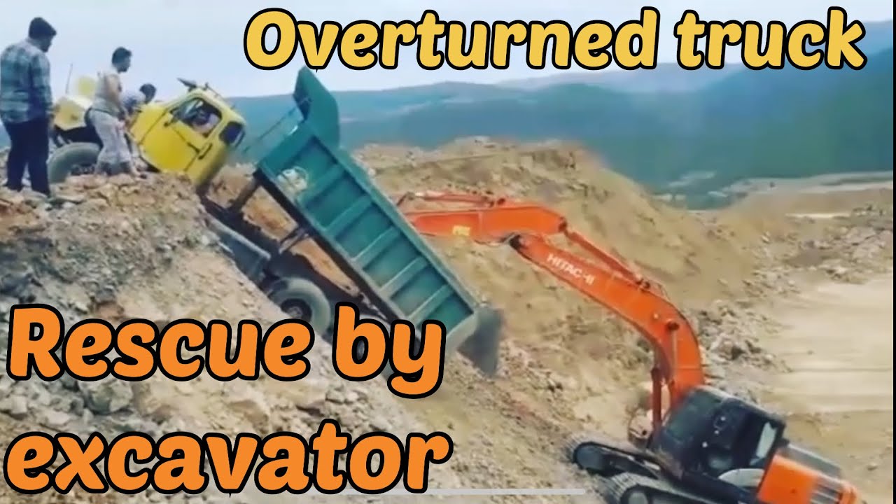 Overturned truck and rescue it by excavator and loader - YouTube