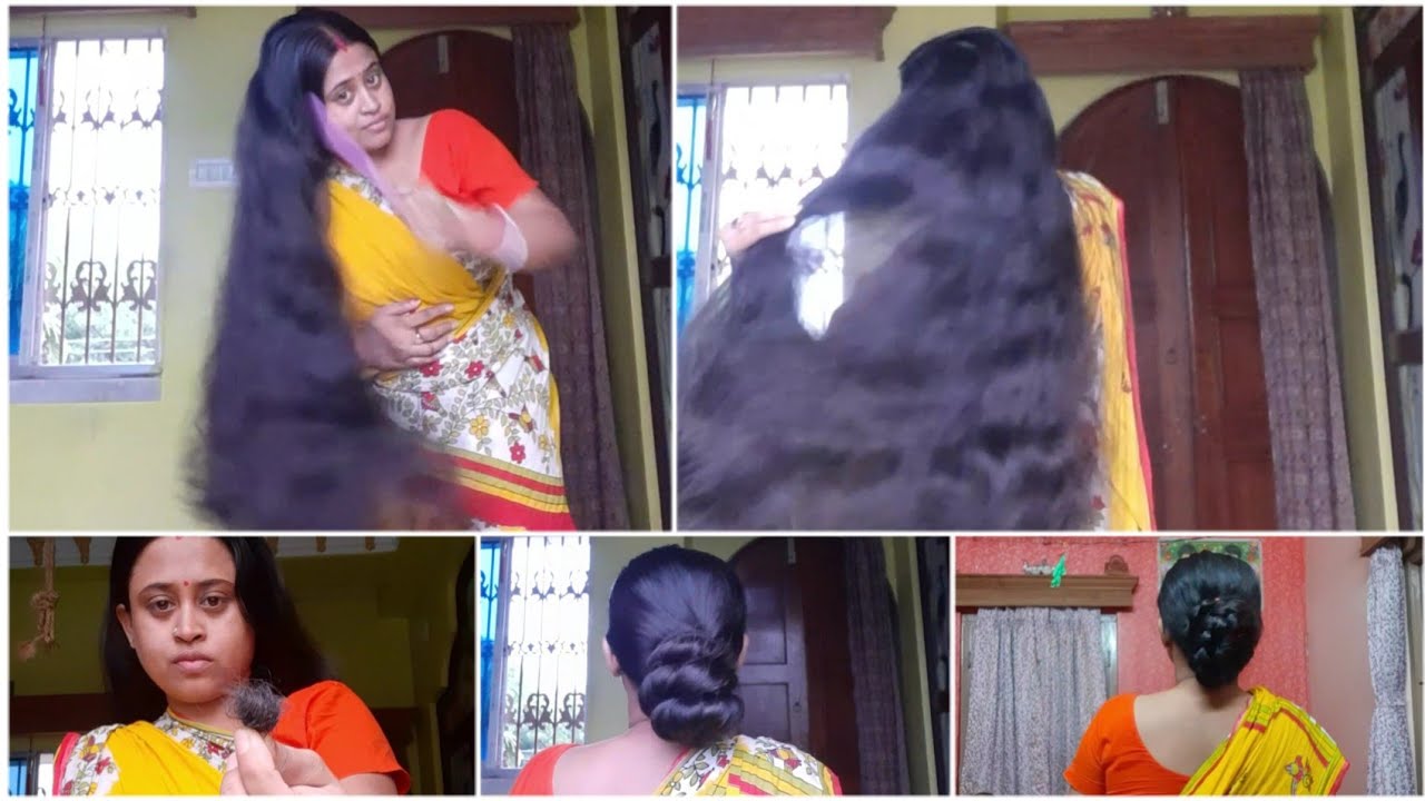 Hair combing and hair fall and Two mack bun video with saree ...