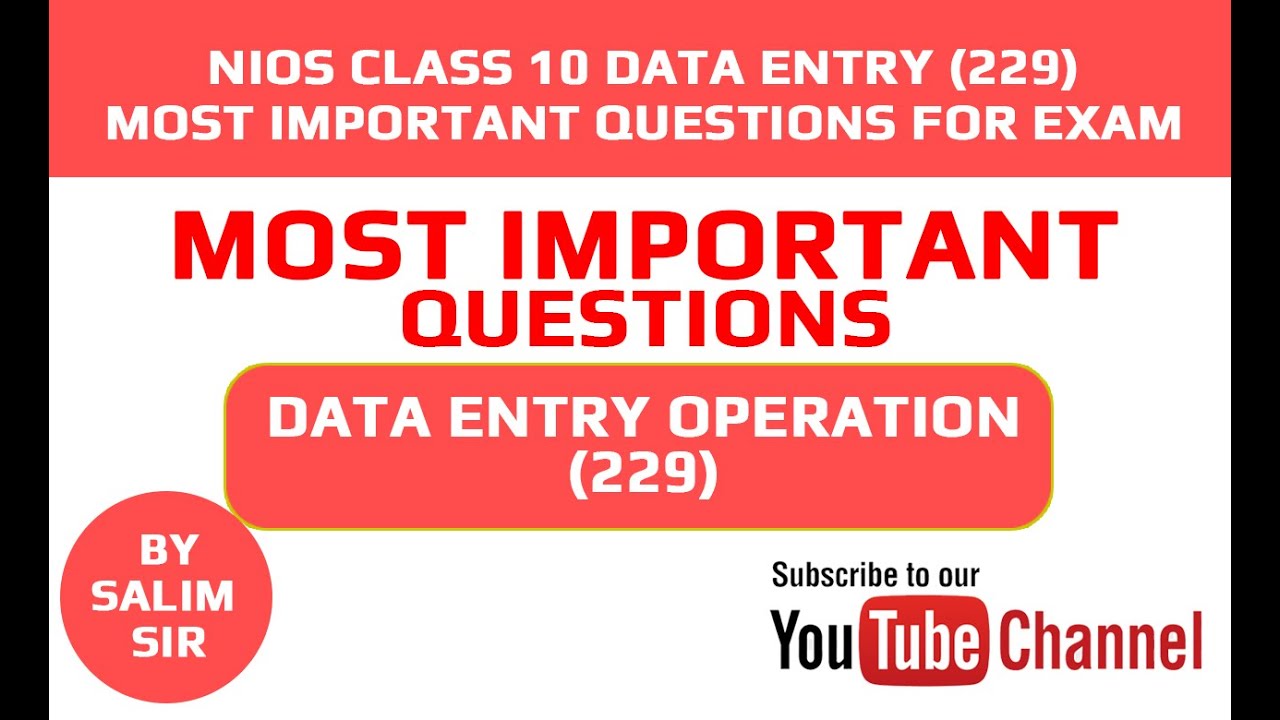 NIOS CLASS 10 DATA ENTRY OPERATIONS (229) | IMPORTANT QUESTIONS WITH ...